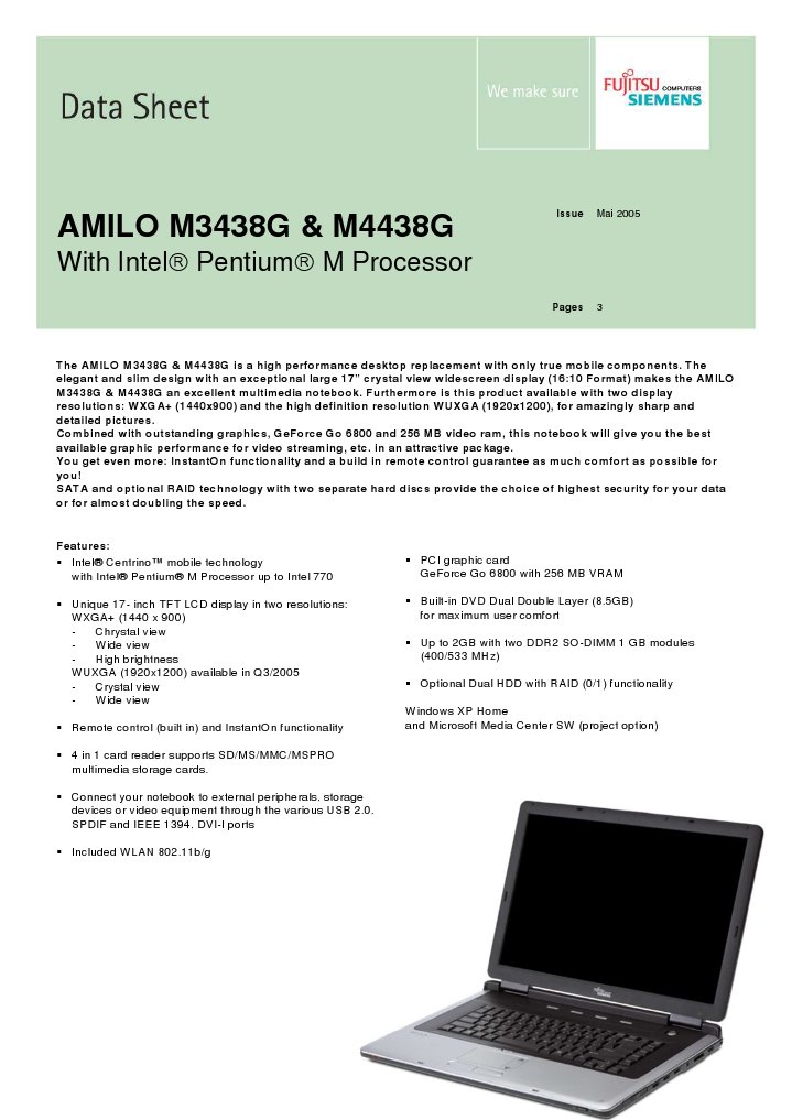 Amilo 3438G Factsheet | PDF | Laptop | Dvd