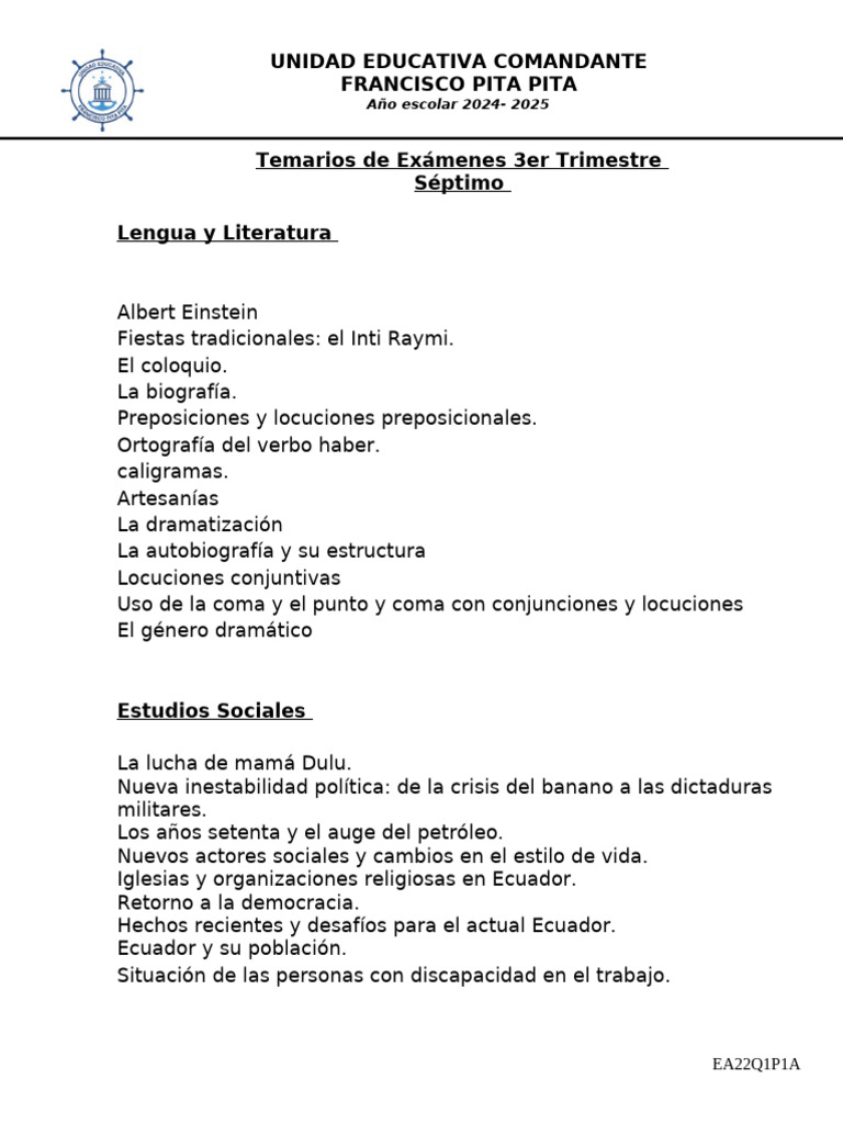 Temarios Septimo Examen Tercer Trimestre | PDF