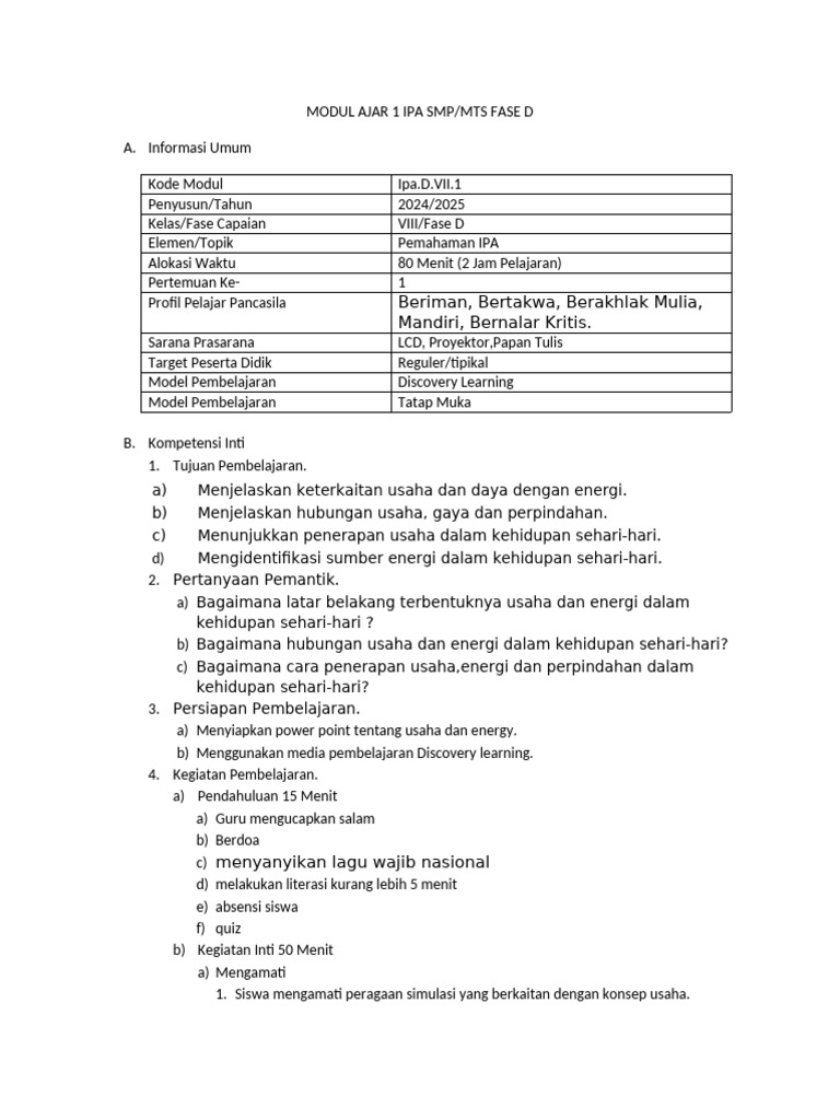 Modul Ajar IPA Kelas VIII: Usaha dan Energi | PDF