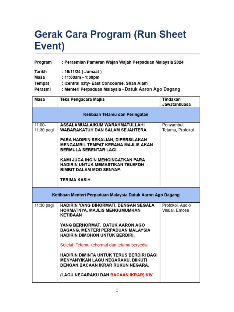 Gerak Cara Program Pelancaran Pameran Wajah Wajah Malaysia 2024 Updated.docx (2) | PDF