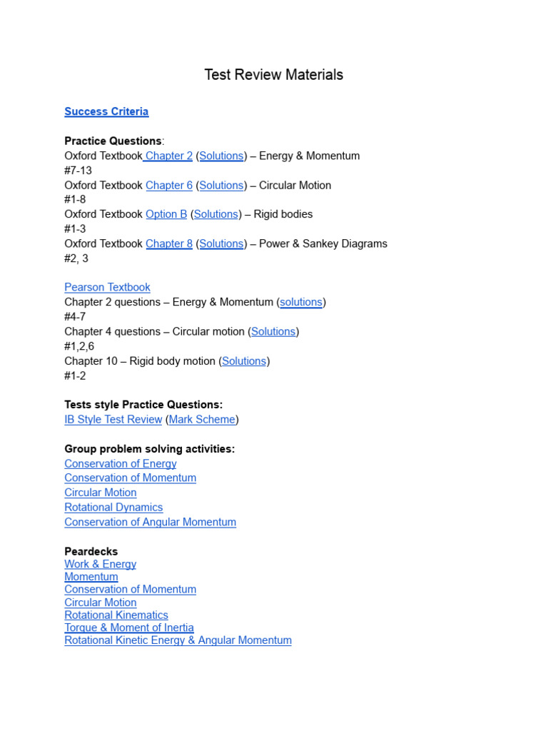 00 - Mechanics Part II Test Review Materials | PDF