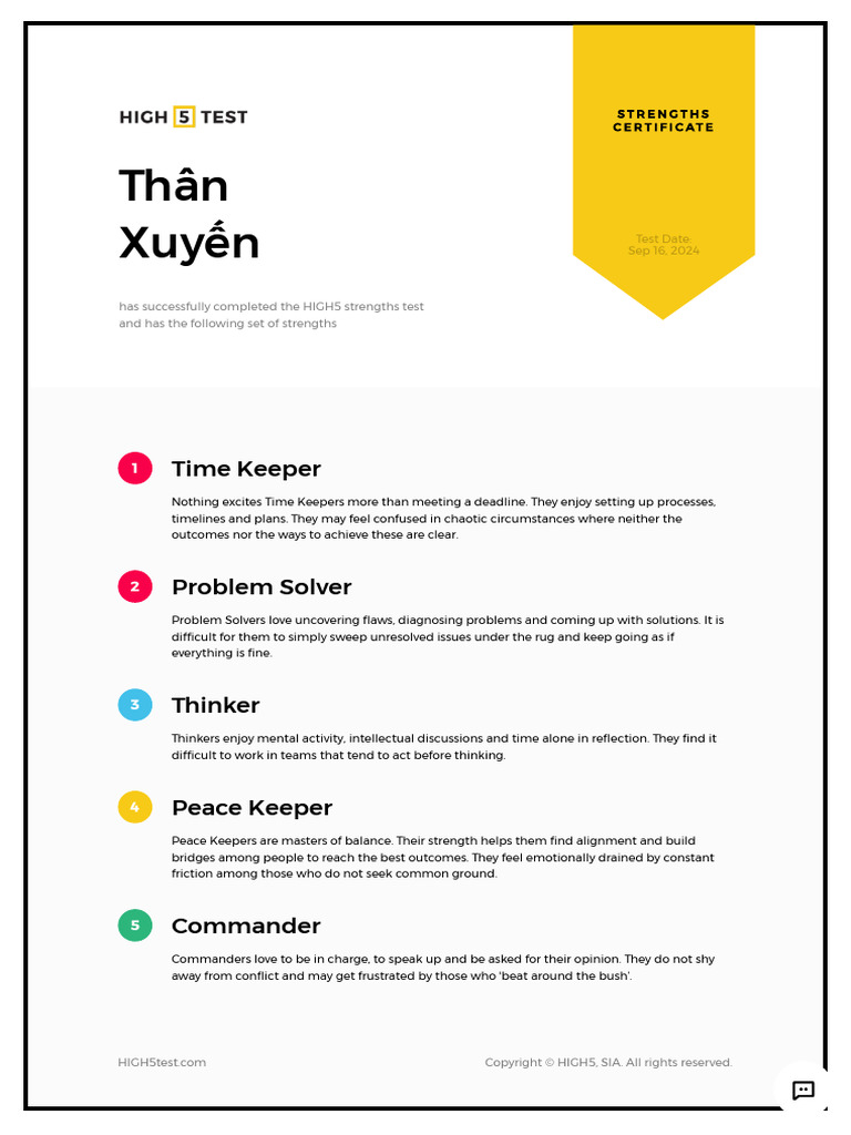 HIGH5 Strengths Certificate for Xuyến | PDF