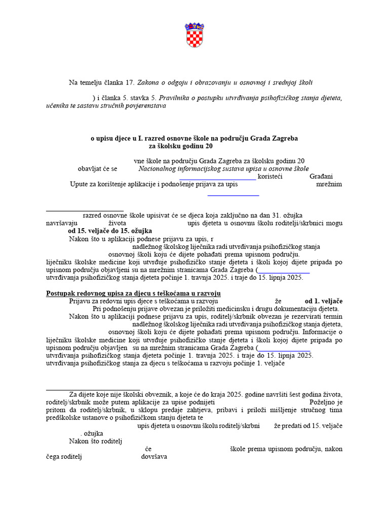 Obavijest o Upisu Djece U I. Razred Osnovne Škole Na Području Grada Zagreba Za Školsku Godinu ...