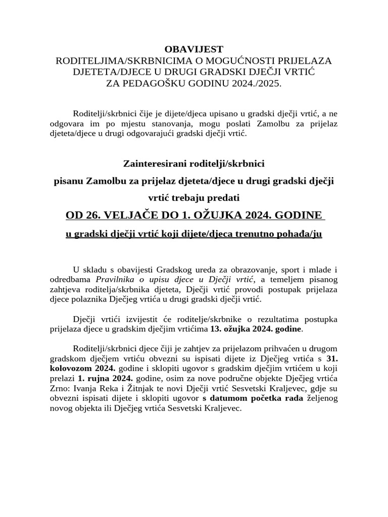 Obavijest o Programu Prijelaza Djece U Gradskim Djecjim Vrticima Za 2024-2025 | PDF