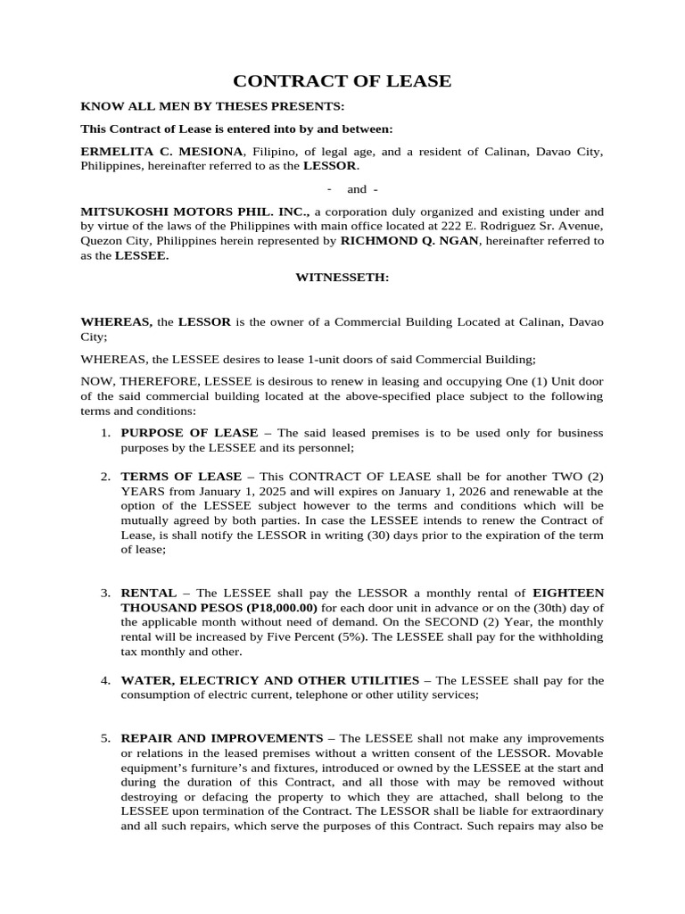 CONTRACT OF LEASE | PDF | Lease | Business Law