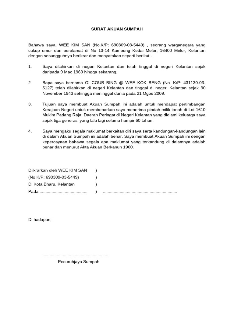 SURAT AKUAN SUMPAH Wee Kim San | PDF