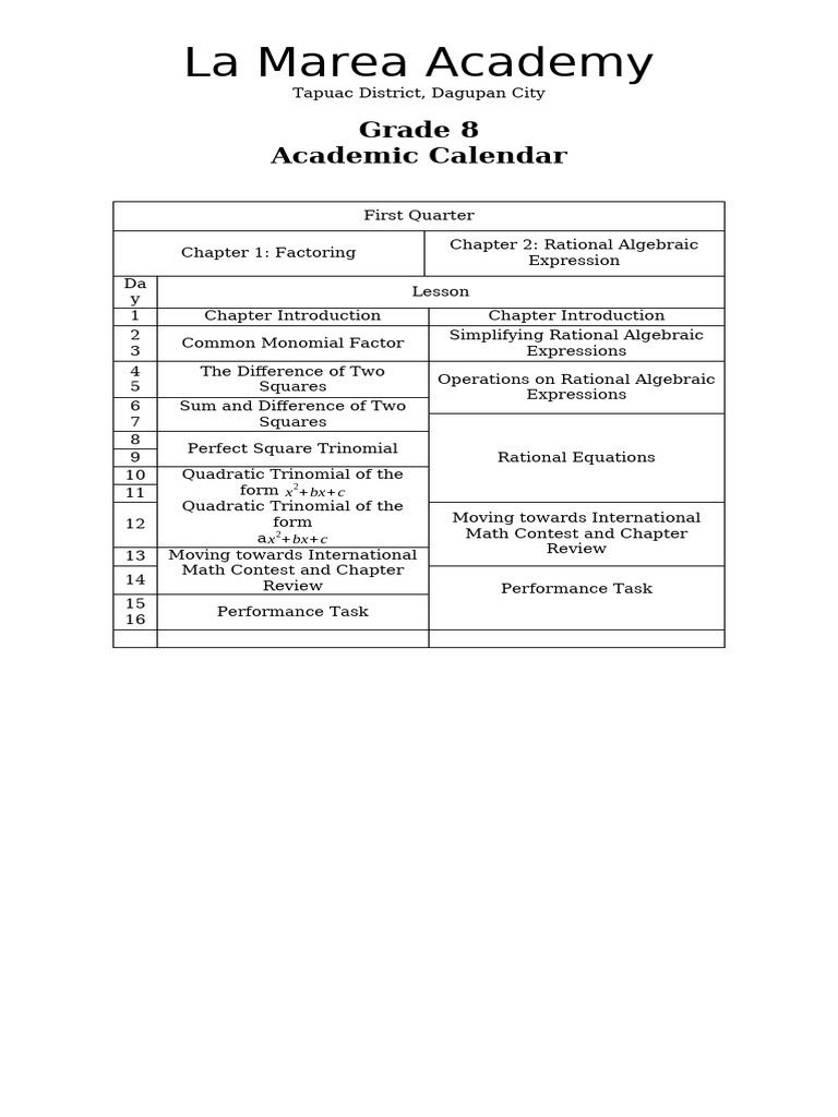Academic-Calendar (Grade 8) | PDF | Factorization | Equations