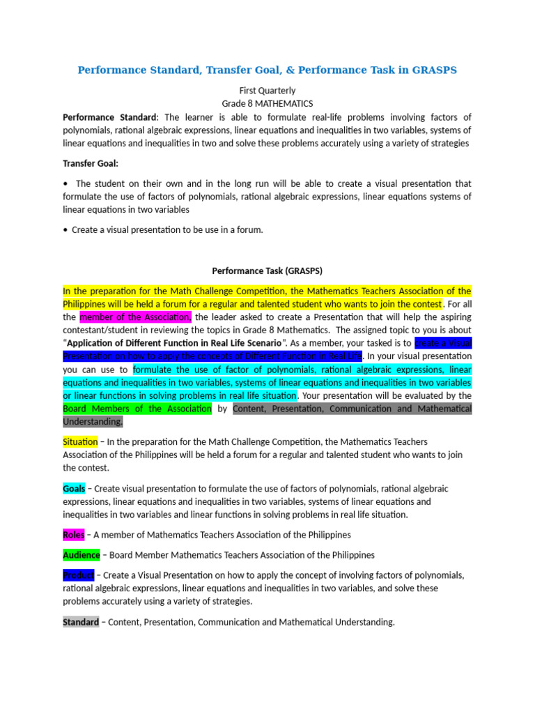 Performance Task | PDF | Equations | Mathematics