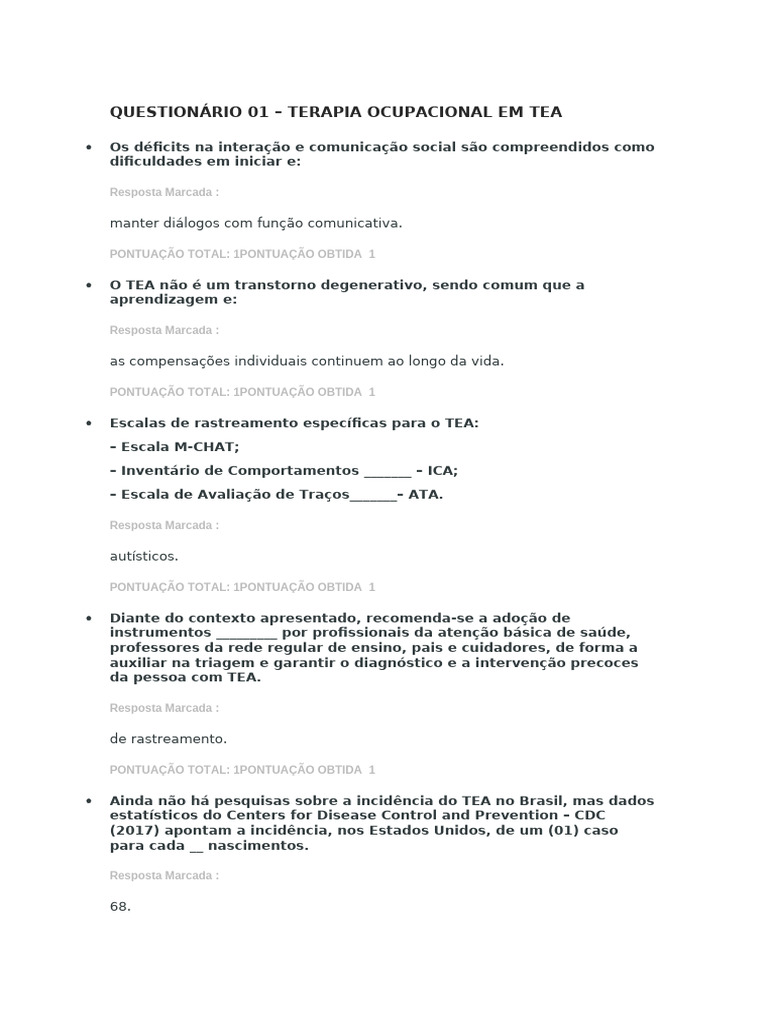 Todos Questionário Terapia Ocupacional em Tea | PDF | Autismo ...