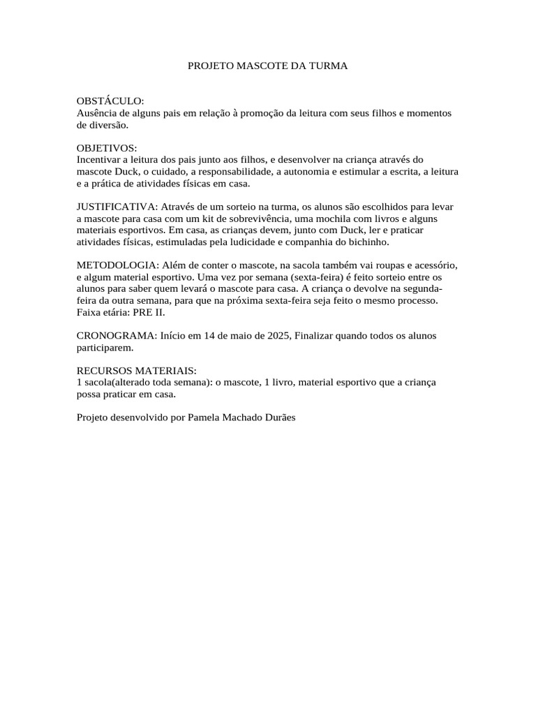 Projeto-Mascote Da Turma | PDF