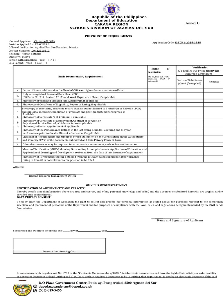 Annex C - Checklist of Requirements and Omnibus Sworn Statement 1 | PDF