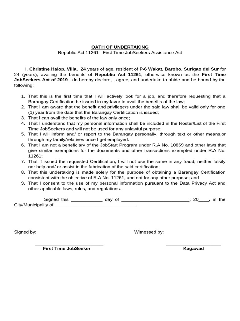 Oath of Undertaking Template | PDF
