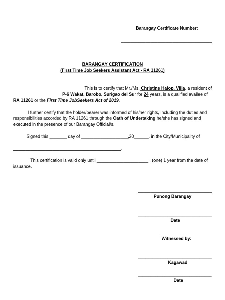 Barangay Certification Template | PDF