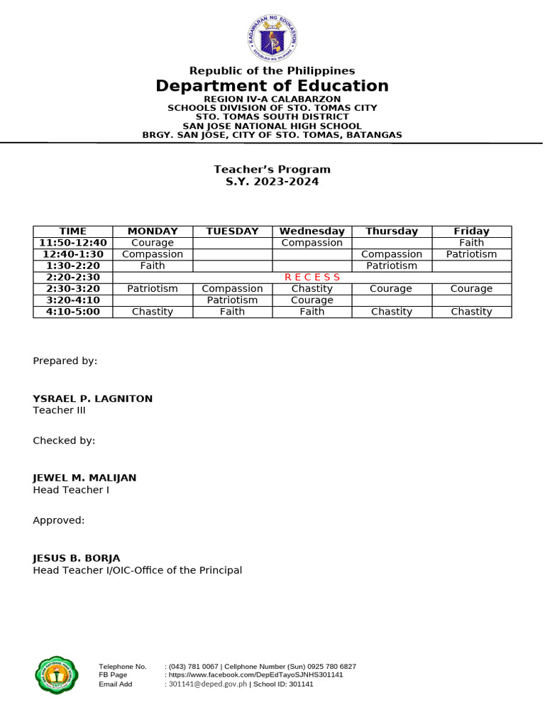 Sir Ace Teacher and Class Program SY 2023 2024 | PDF | Philippines