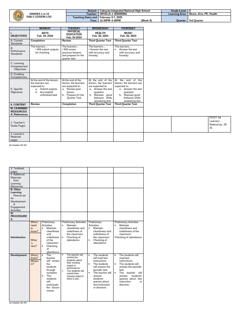 DLL Q3 W9 MAPEH Feb-03-07-2025 | PDF | Intelligence | Pedagogy