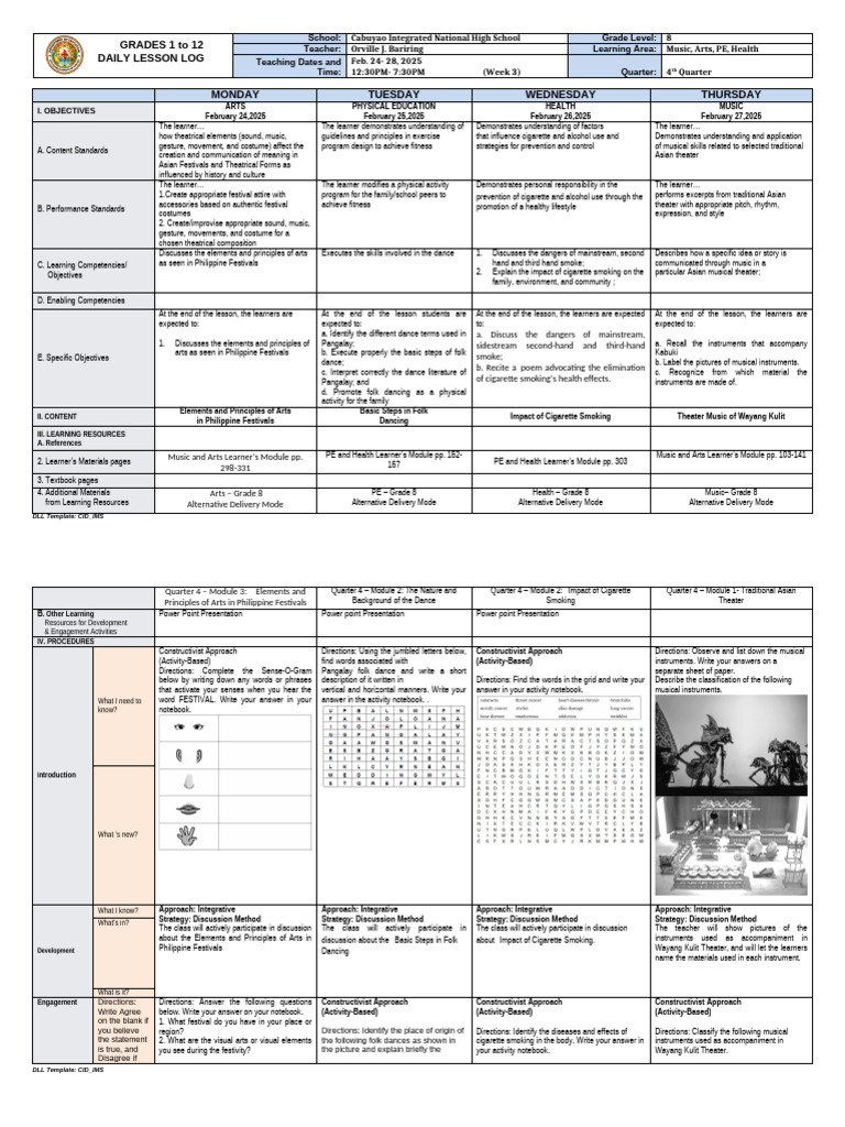 Grade 8 Daily Lesson Log: Arts & PE | PDF | Constructivism (Philosophy ...