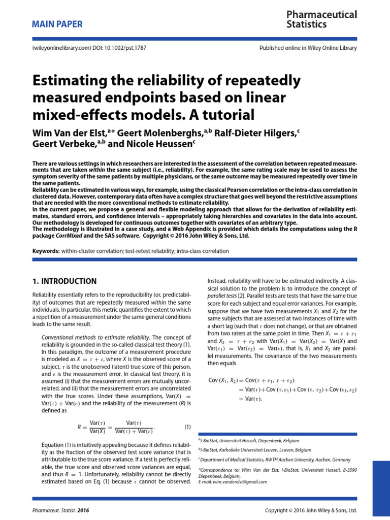 Van Der Elst Et Al., 2016. Estimating The Reliability of Repeatedly | PDF | Statistics ...