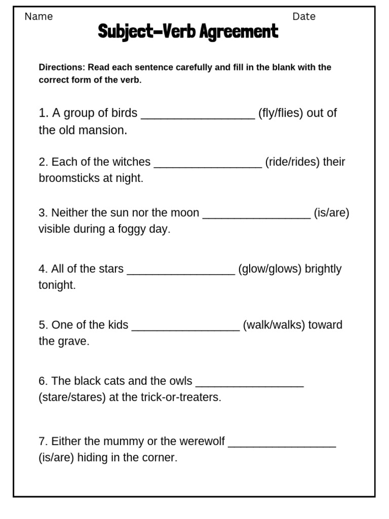 Spooky Subject-Verb Agreement Worksheet in Orange, Black, and White ...