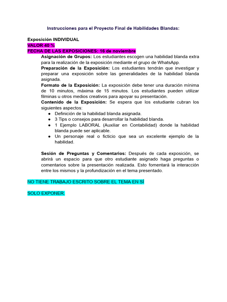 Instrucciones para el Proyecto Final de Habilidades Blandas. Octubre conta | PDF