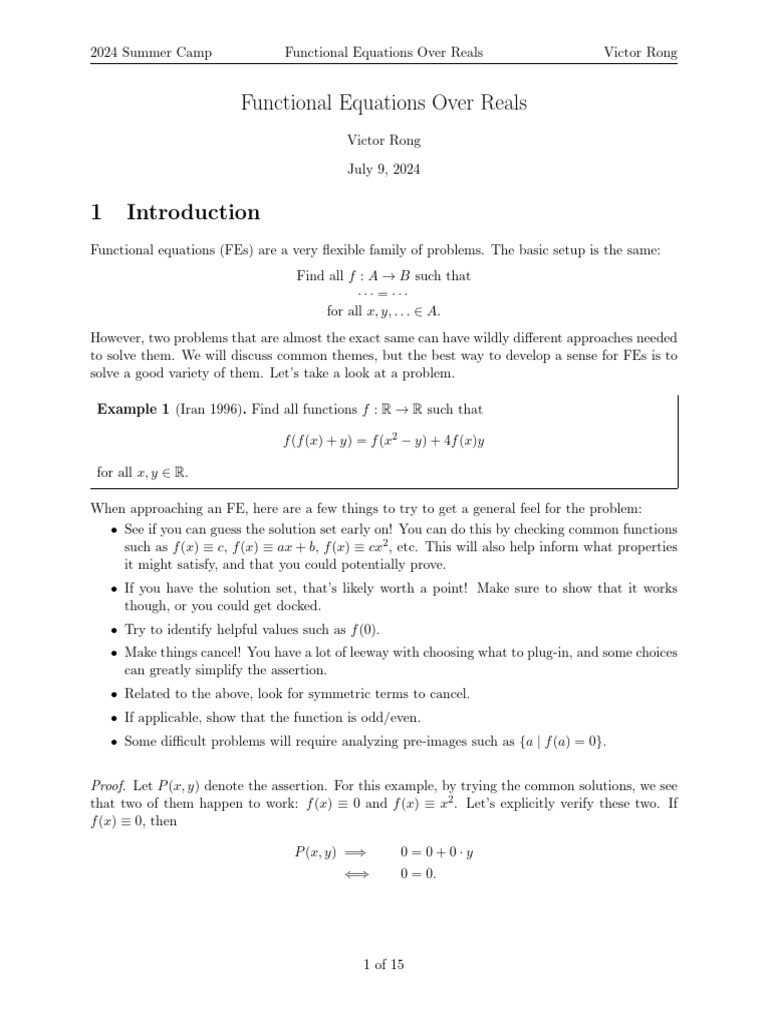 Functional Equations Over Reals Summer | PDF | Function (Mathematics) | Real Number
