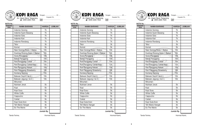 Menu dan Harga Kopi Raga | PDF