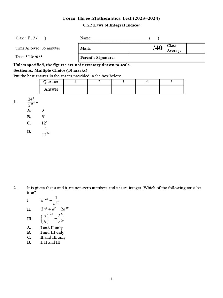 Form Three Math Test: Integral Indices | PDF | Mathematics | Arithmetic