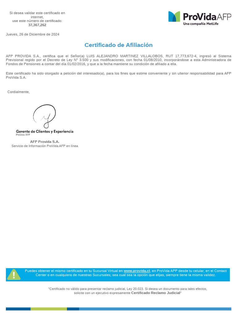 Certificado de Afiliación: Servicio de Información Provida Afp en Línea | PDF