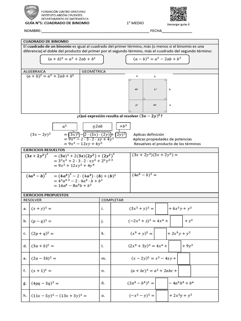 Guía sobre el Cuadrado de Binomio | PDF | Matemáticas | Álgebra