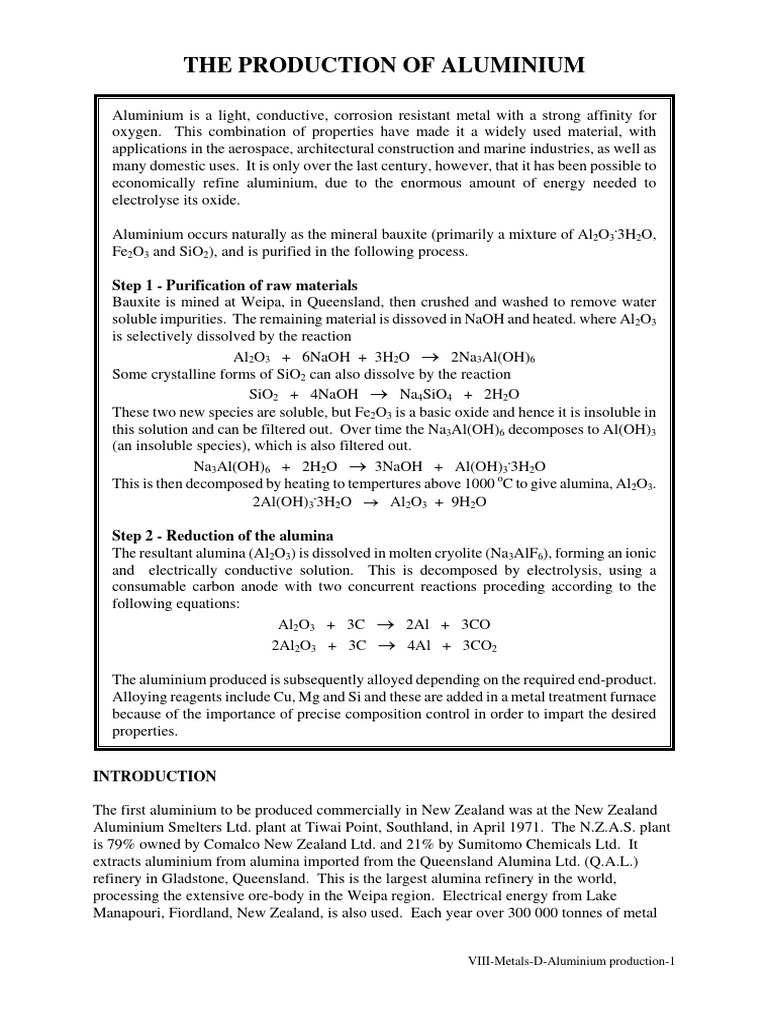 VIII Metals D Aluminium Production 1 The | PDF | Aluminium Oxide ...