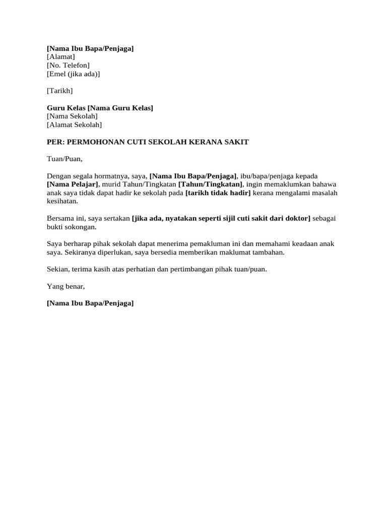 Contoh Surat Tidak Hadir Sekolah Kerana Sakit | PDF