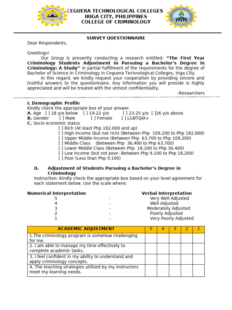 Criminology Students' Adjustment Survey | PDF | Social Psychology ...