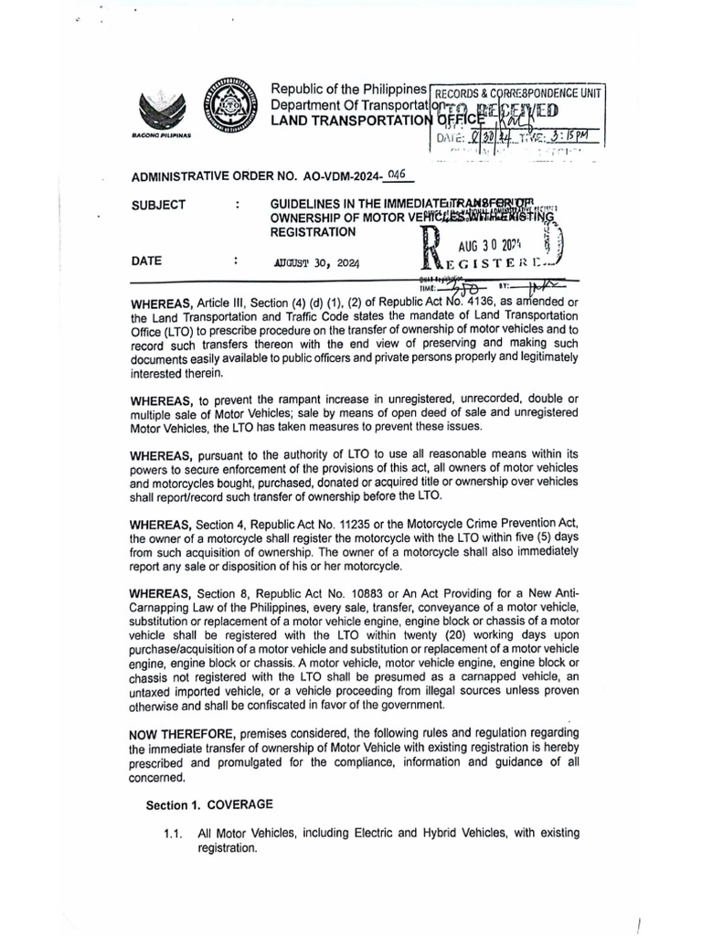 Lto Memo - Transfer of Ownership-Ao-Vdm-2024-046 | PDF