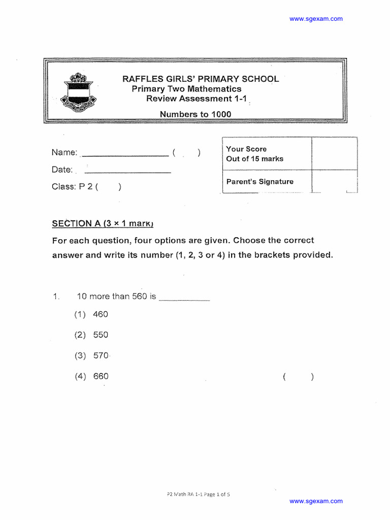 2019 P2 Math Review Assessment RGPS | PDF