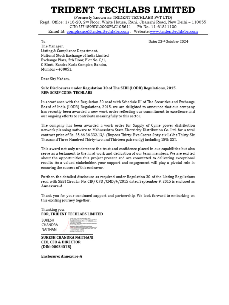 TECHLABS 23102024134300 TRIDENT Work Order SIGNED | PDF | Economy Of India