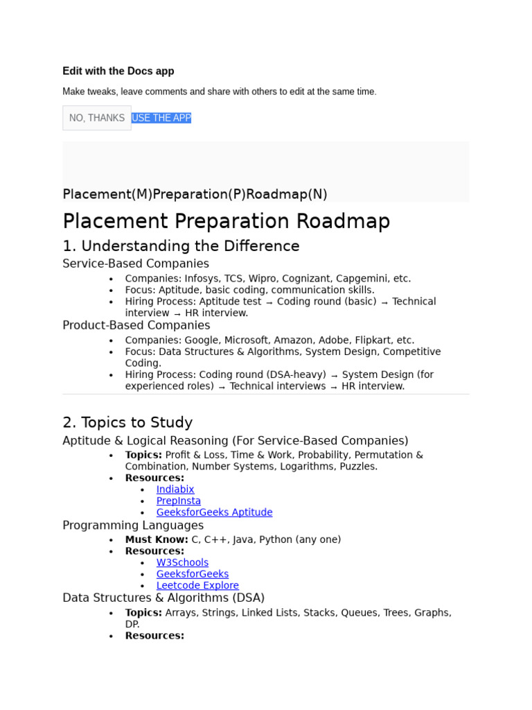 Placement (M) Preparation (P) Roadmap (N) | PDF | Object Oriented Programming | Software Development