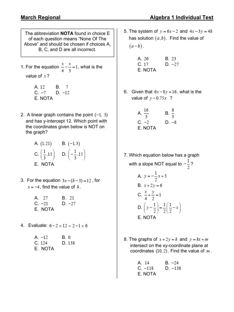 Alg 1 Mar 2024 Reg Indiv Test | PDF | Elementary Mathematics ...