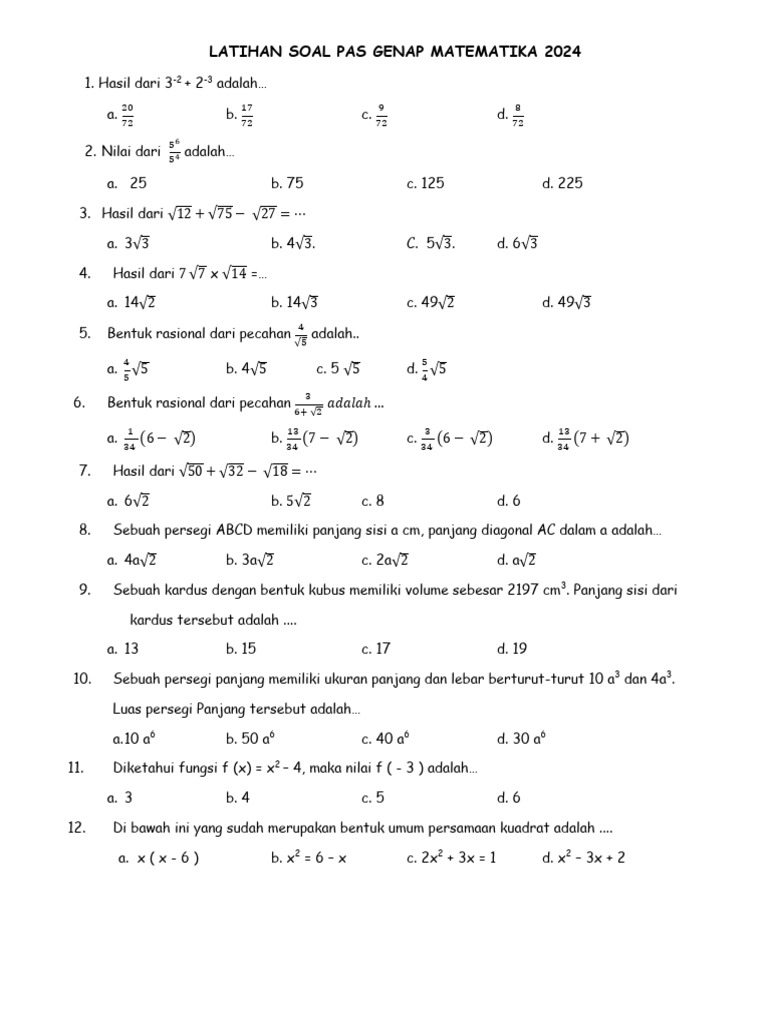 Latihan Soal Pas Genap Matematika 2024 | PDF