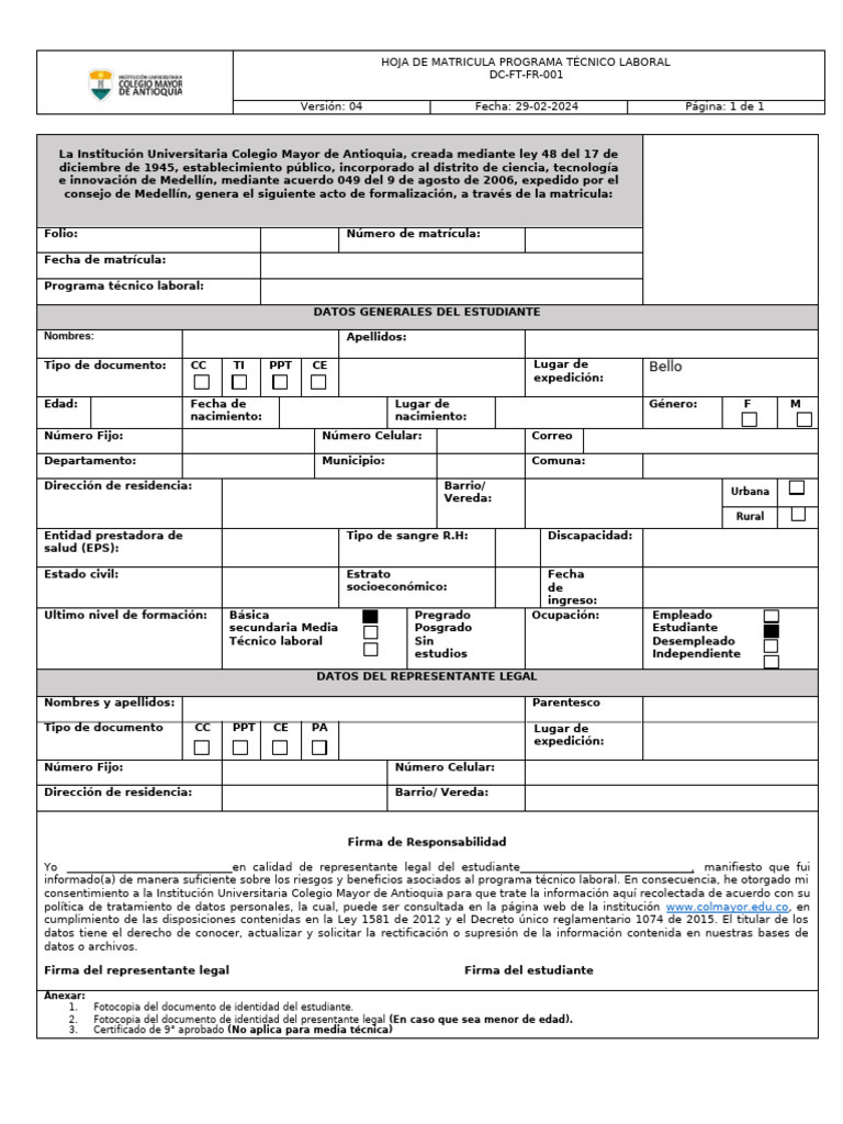 FORMATO MATRICULA 2024 | PDF