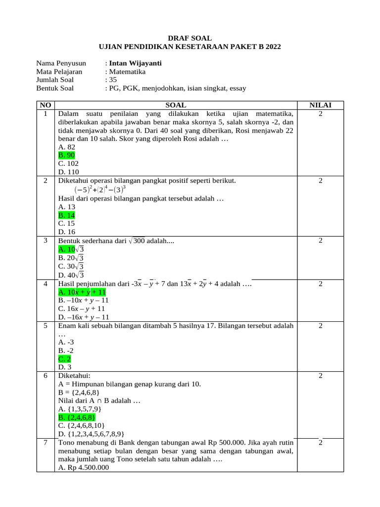 Draft Soal UPK MTK Paket B 2022 | PDF