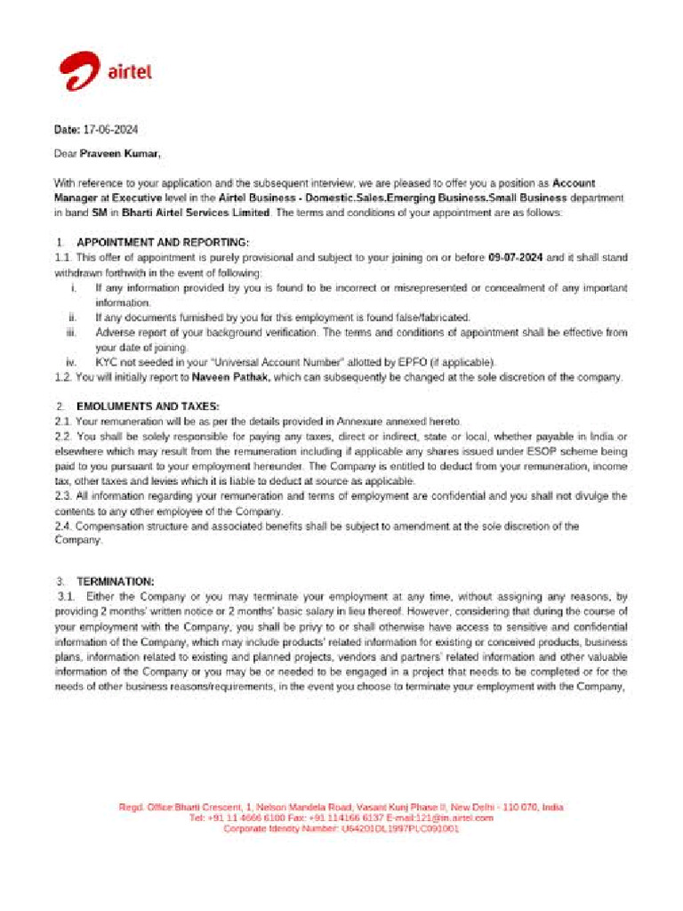 Airtel Offer Letter | PDF