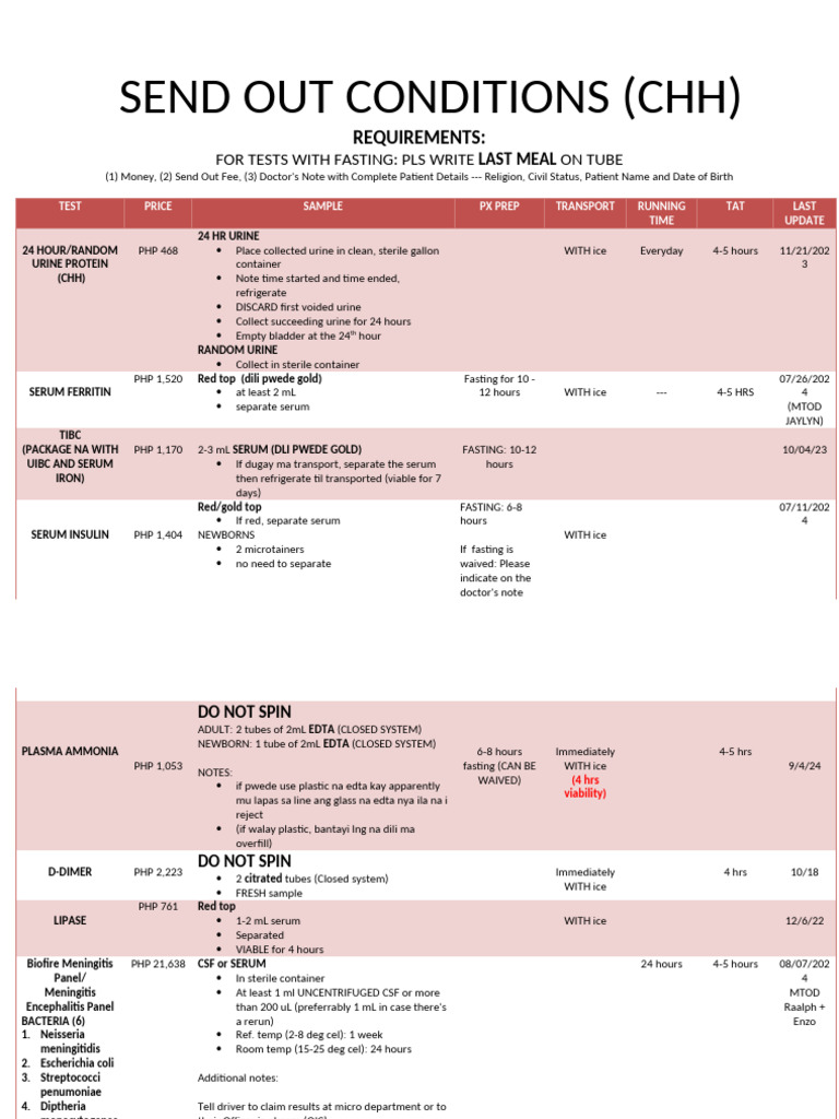 Send Out Lab Test Conditions and Fees | PDF | Blood Plasma | Meningitis