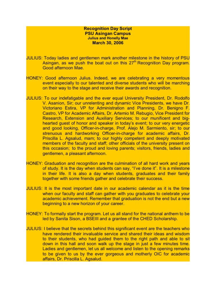 Recognition Day Script Pdf Academia Further Education