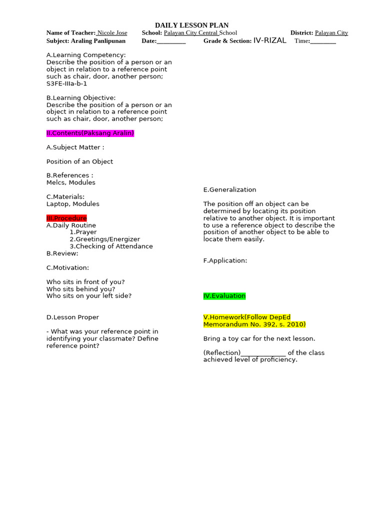 Daily Lesson Plan: Positioning Objects | PDF