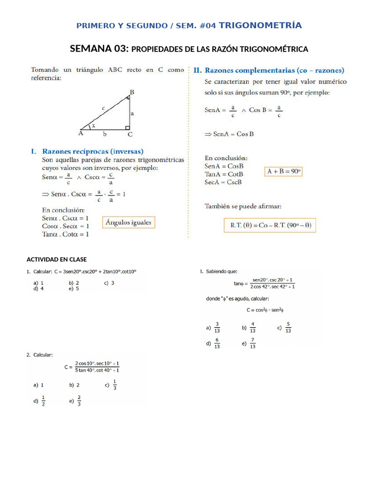 Trigonometria Semana 04 Propiedades de La Razones Trigonometricas de ...