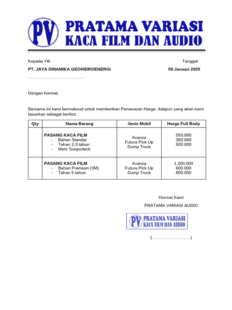 Surat Penawaran Harga Pratama Variasi Kaca Film | PDF