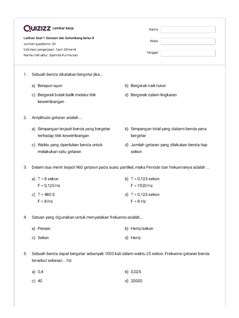 Latihan Soal 1 Getaran Dan Gelombang Kelas 8 - Quizizz | PDF