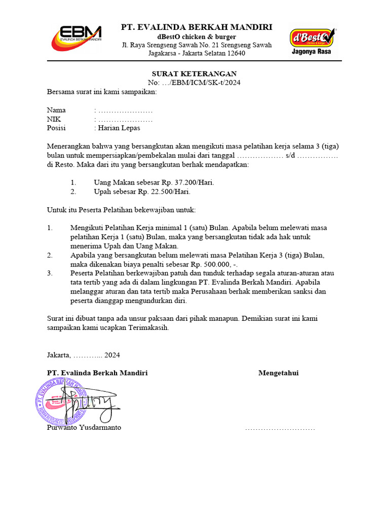 Surat Keterangan Pelatihan Kerja EBM | PDF