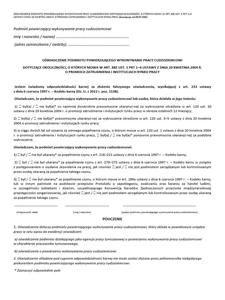 Oświadczenie o Niekaralności Art. 88z - Ust - 5 - PKT - 1-6 | PDF