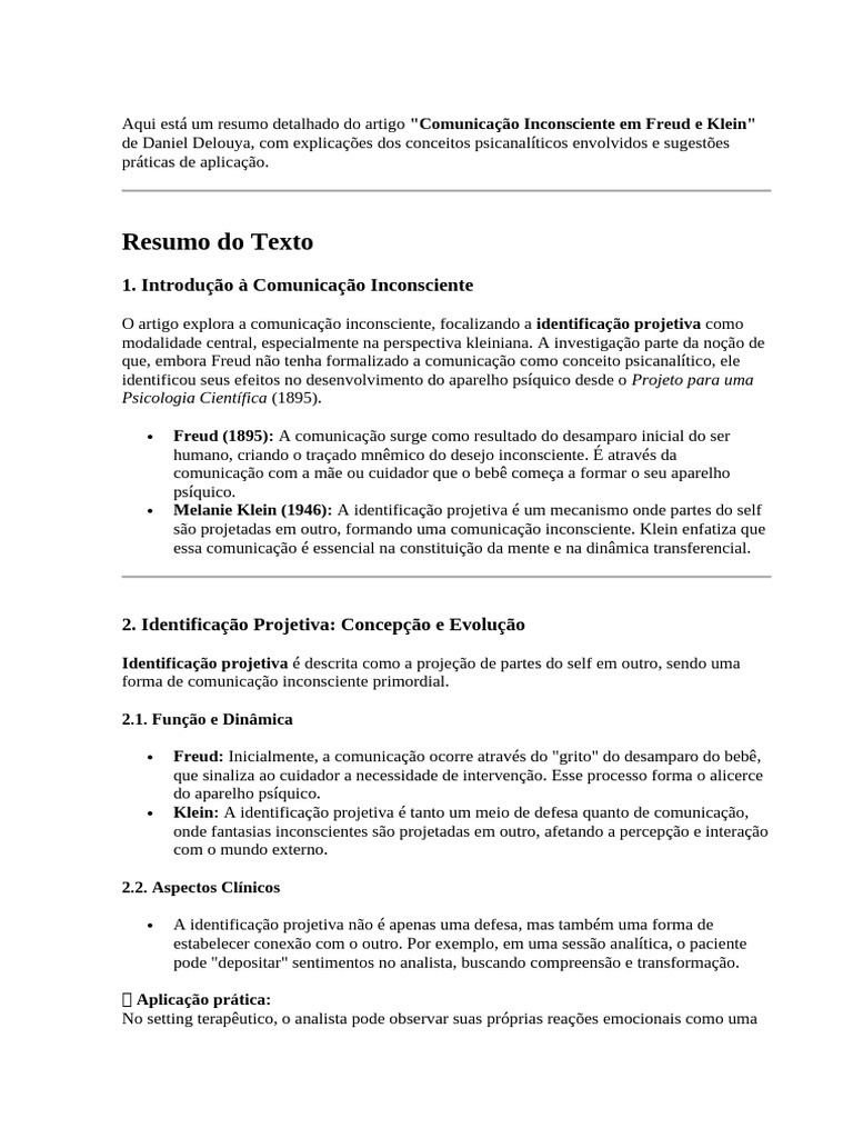Comunicação Inconsciente: Freud e Klein | PDF | Sigmund Freud | Psicanálise