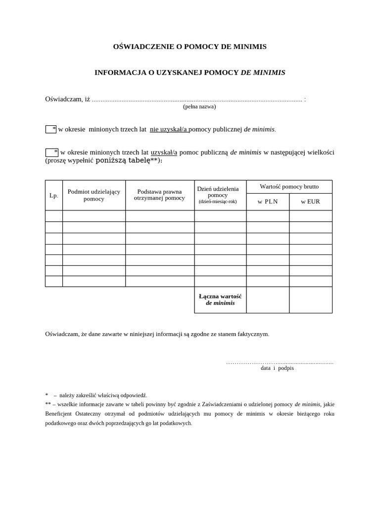 Oświadczenie o Pomocy de Minimis 2024 | PDF